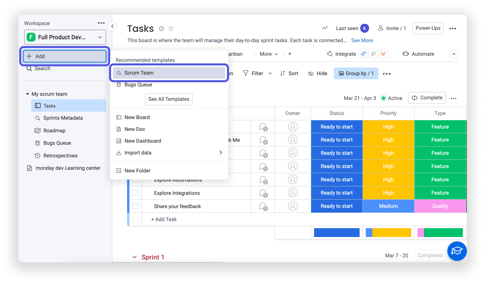 Sprint management with monday dev – Support
