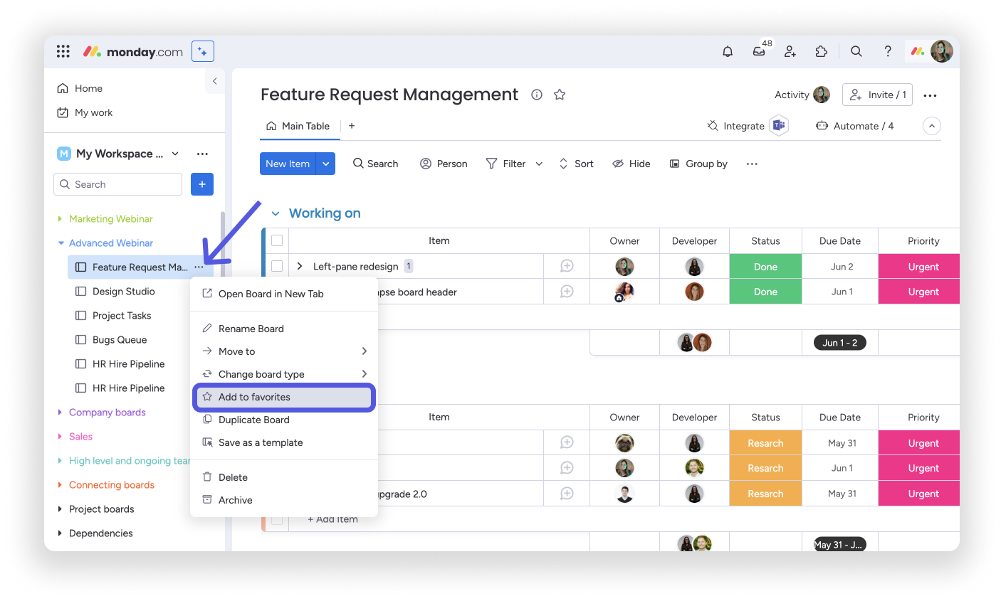 The favorites section – Support