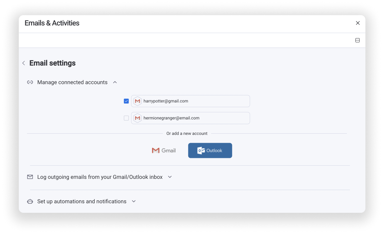 Emails & Activities: settings – Support