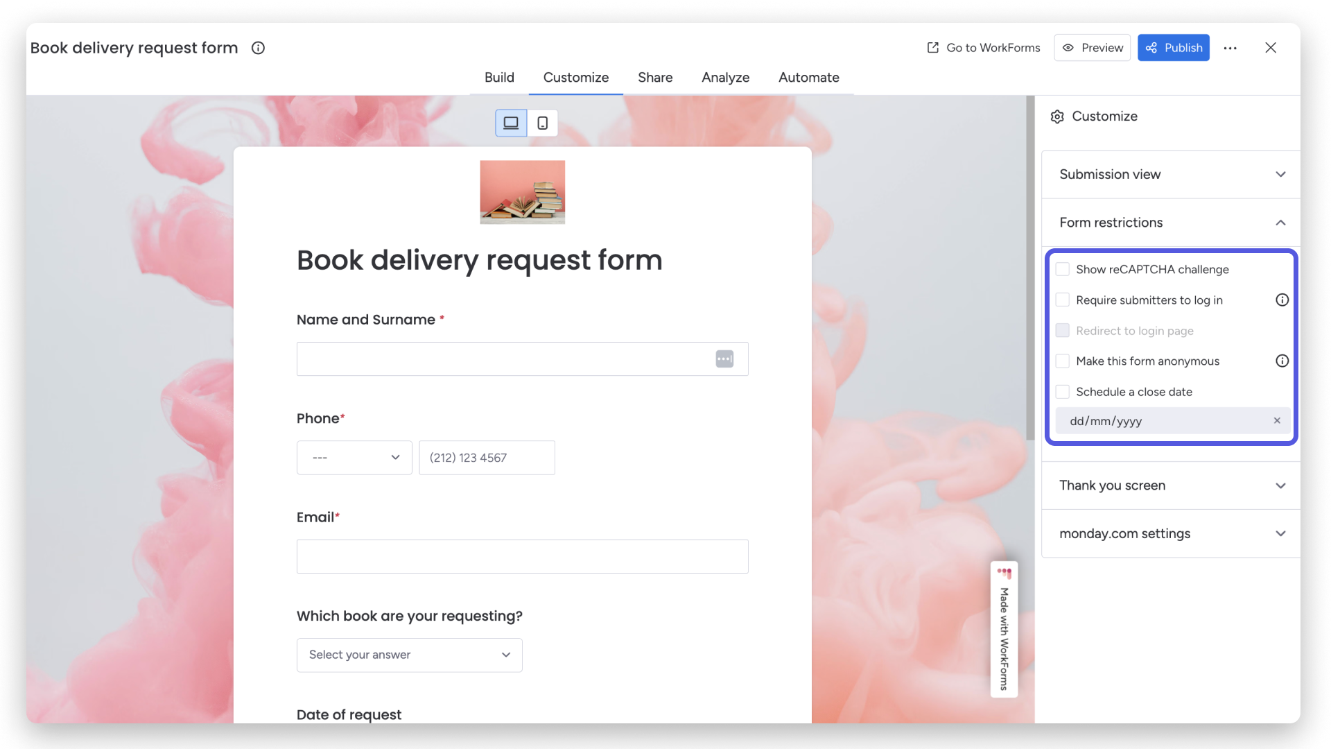 WorkForms settings and permissions – Support