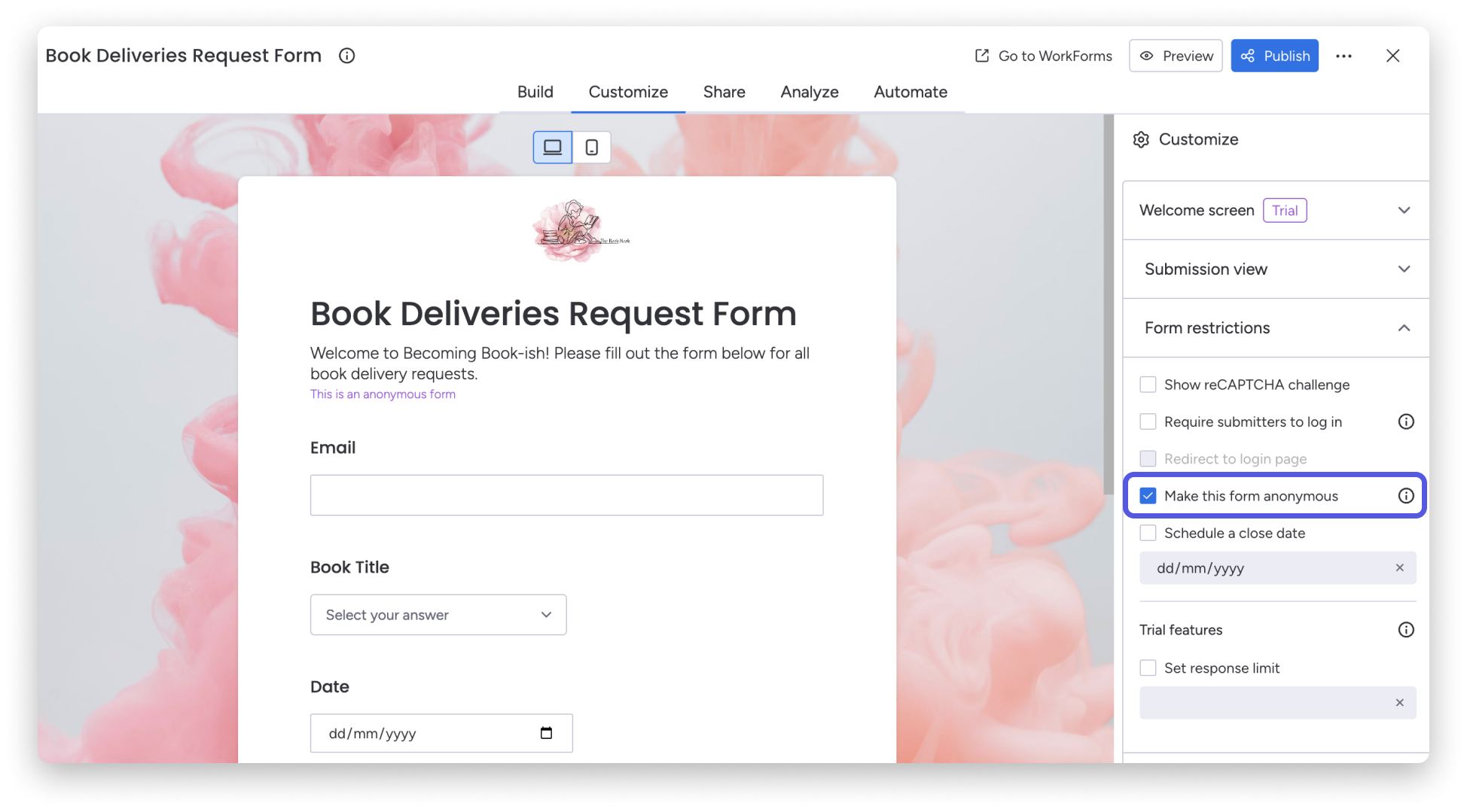 WorkForms settings and permissions – Support