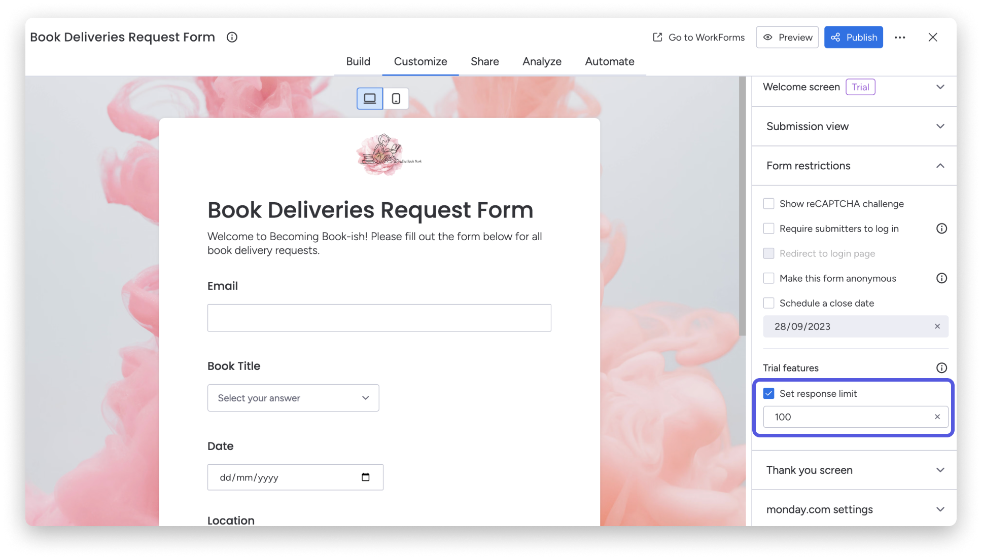 WorkForms settings and permissions – Support