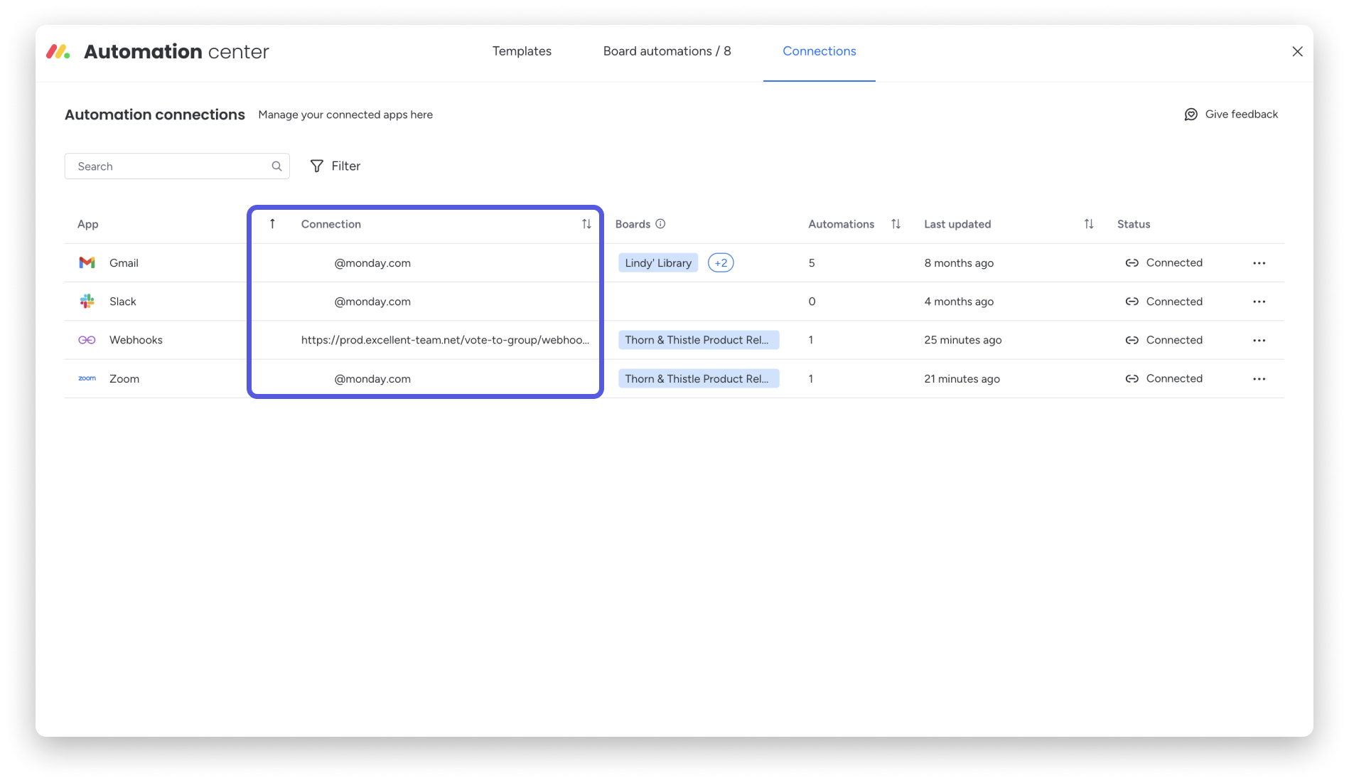 monday.com Integrations connection management – Support