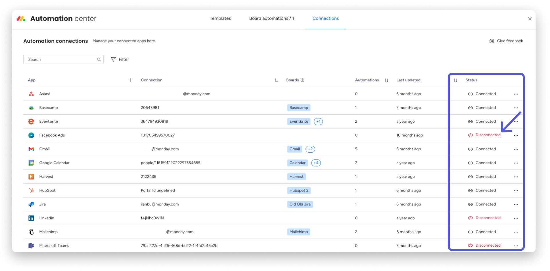 monday.com Integrations connection management – Support