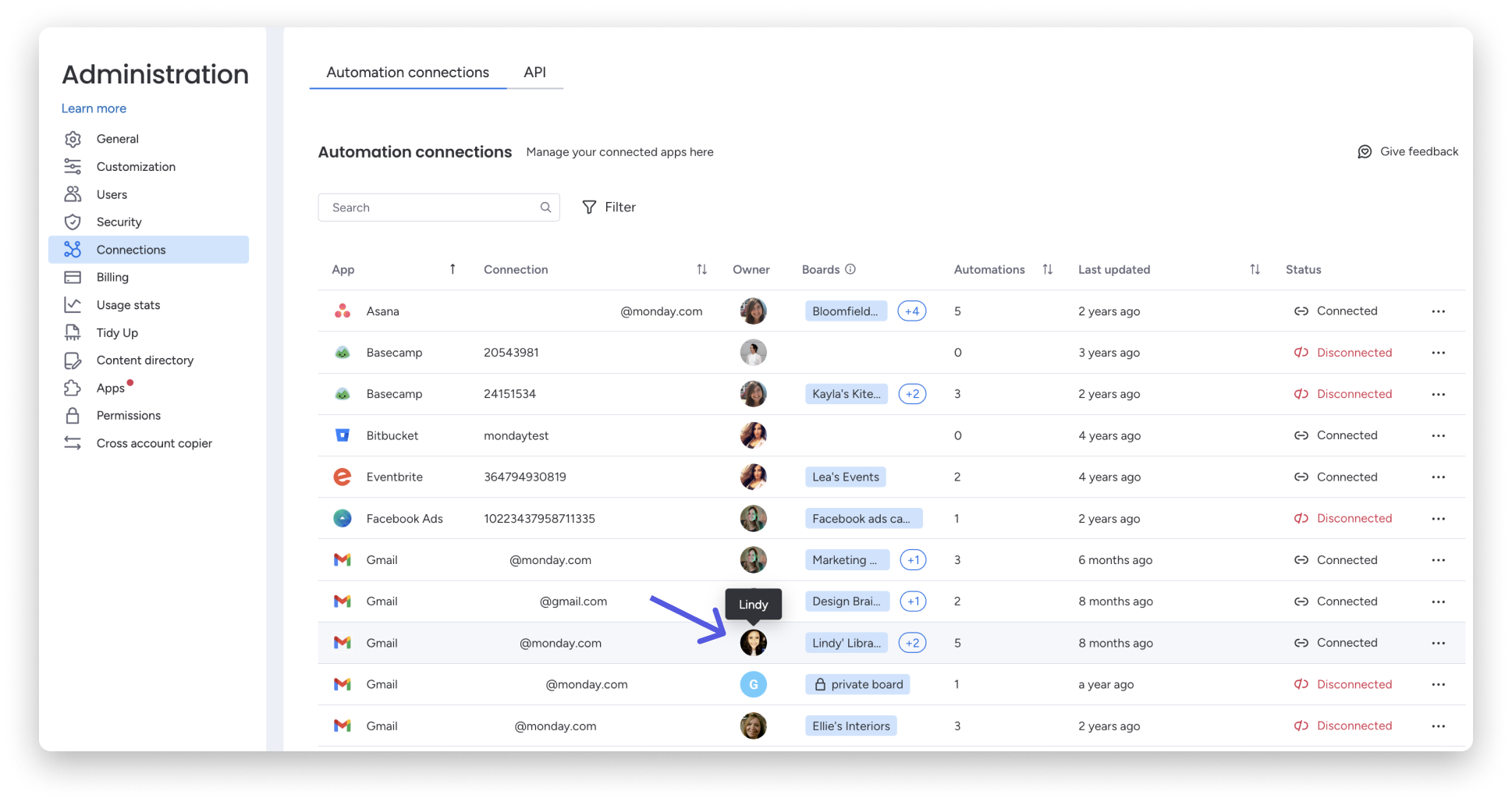 monday.com Integrations connection management – Support