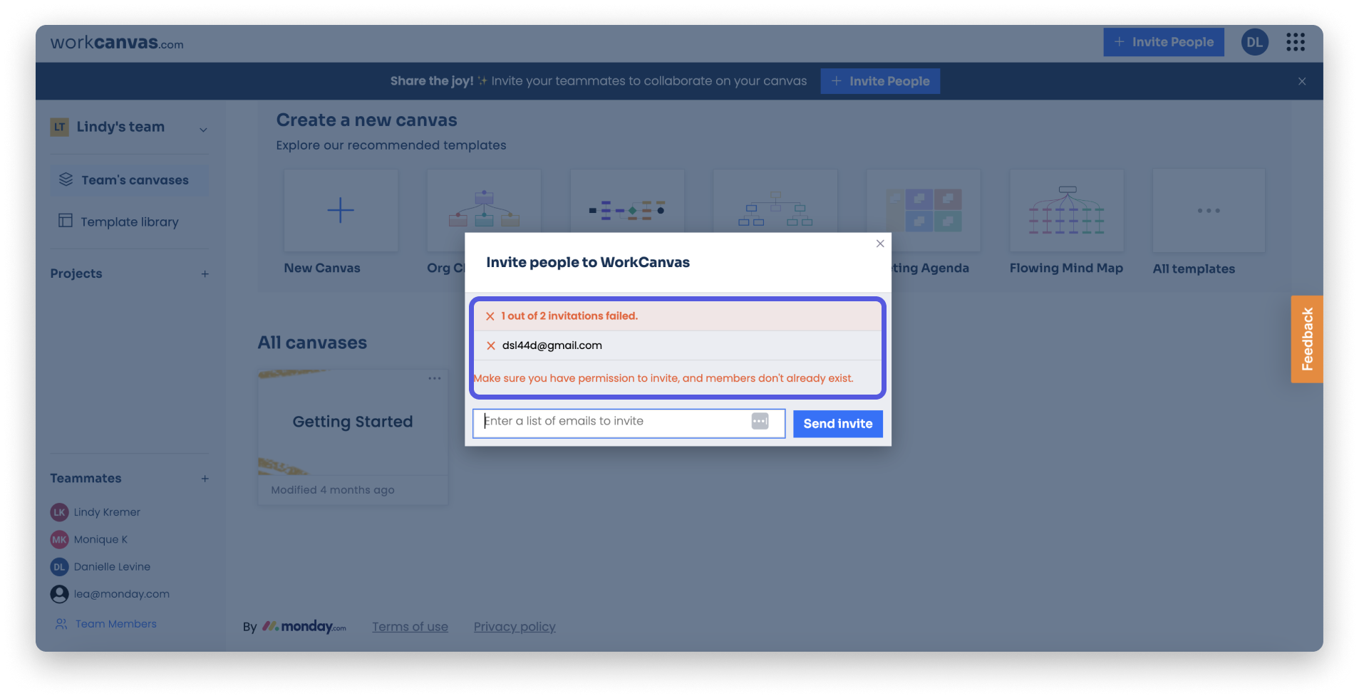 WorkCanvas account administration – Support