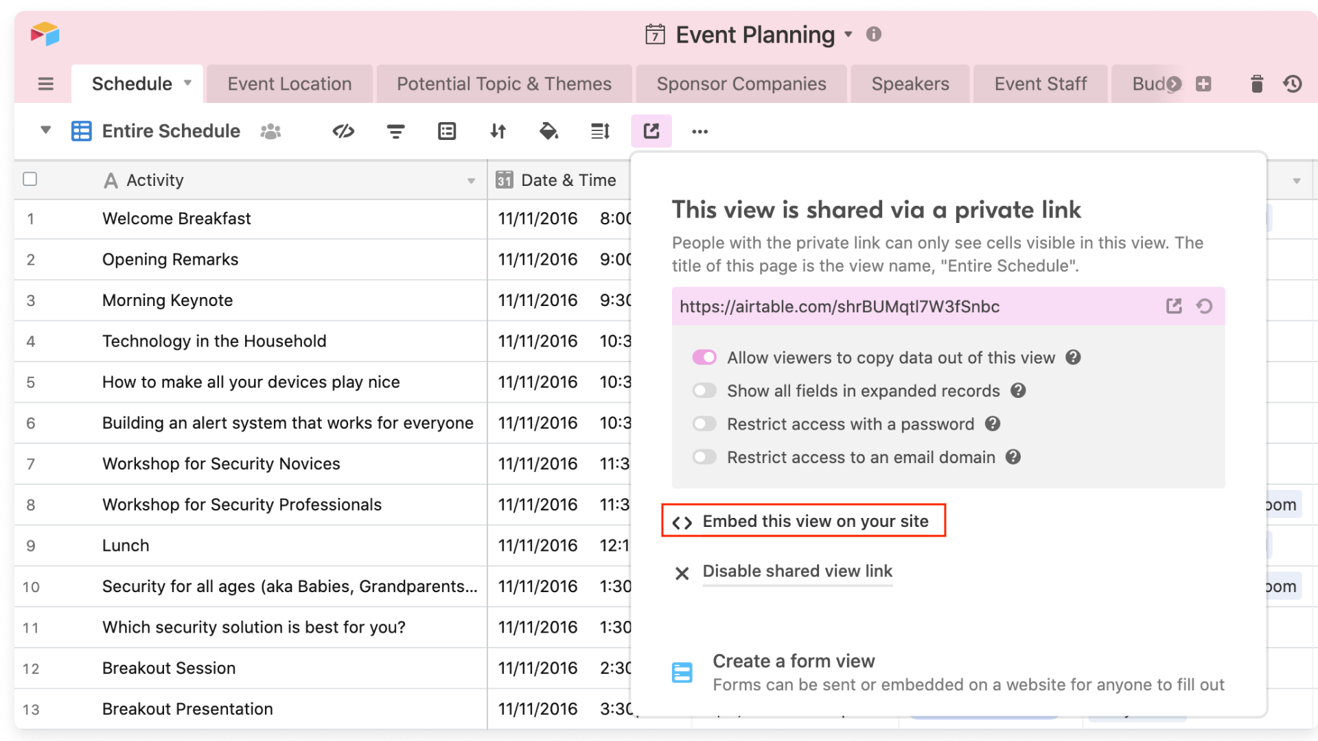Embedded Airtable View & Widget – Support