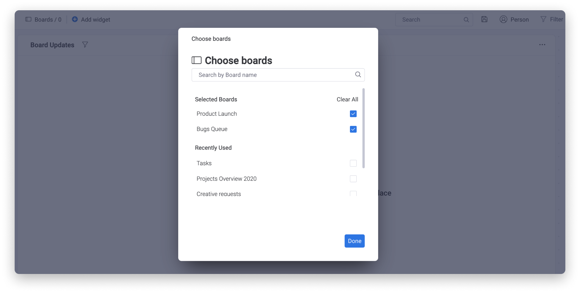 Board Updates Widget – Support