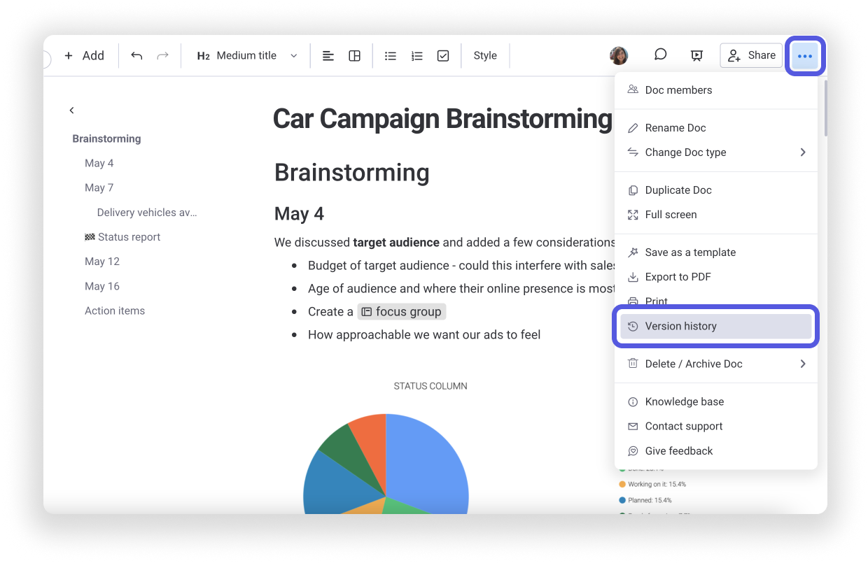 monday Workdocs Versionsverlauf – Support
