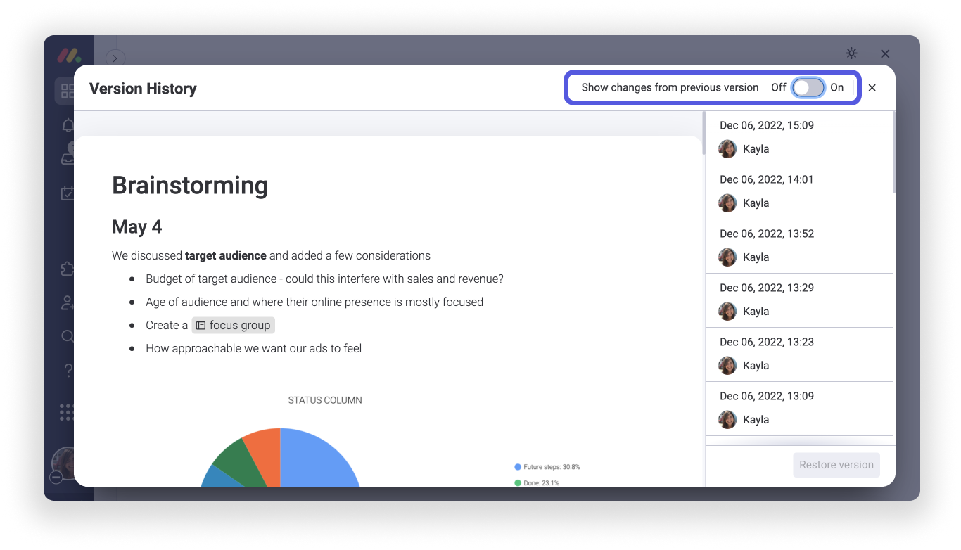 monday Workdocs Versionsverlauf – Support