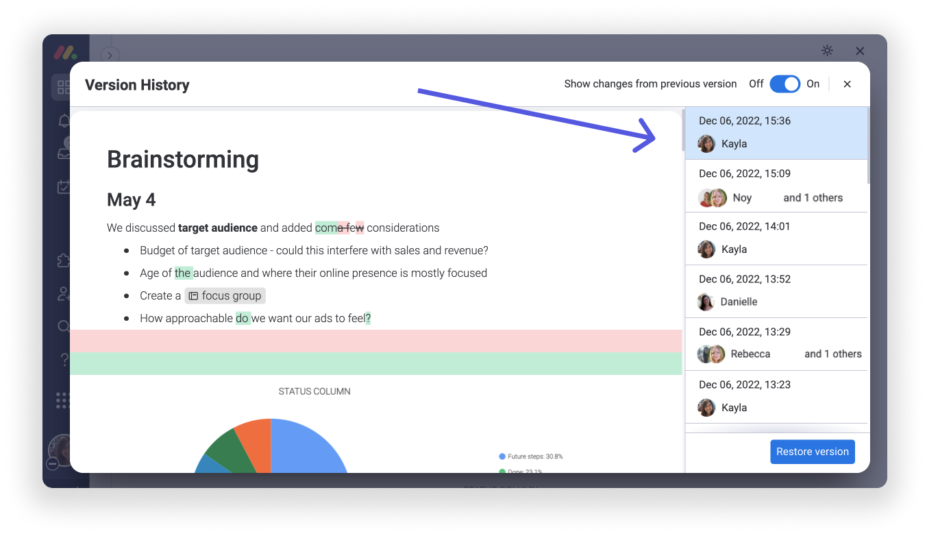 monday Workdocs Versionsverlauf – Support