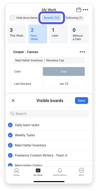 Mobile app - My Work – Support
